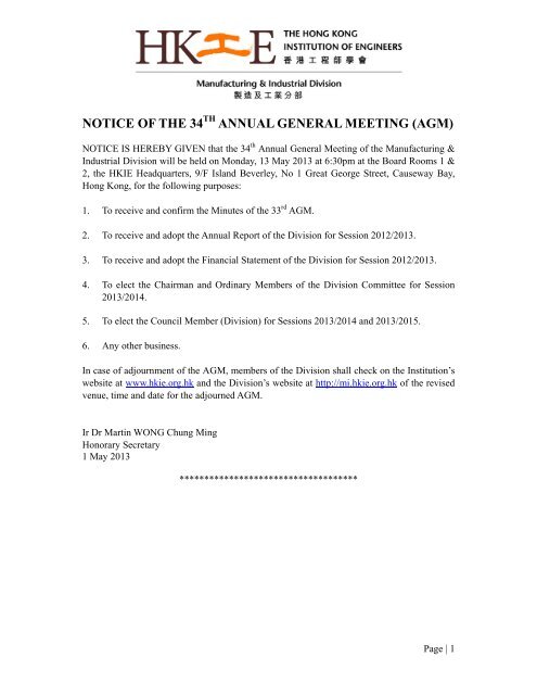 NOTICE OF THE 34 ANNUAL GENERAL MEETING (AGM)