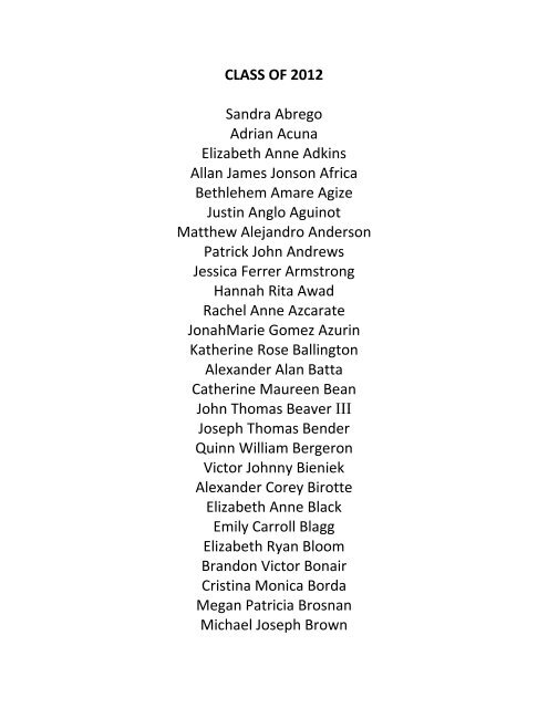 CLASS OF 2012 - Bishop O'Connell High School