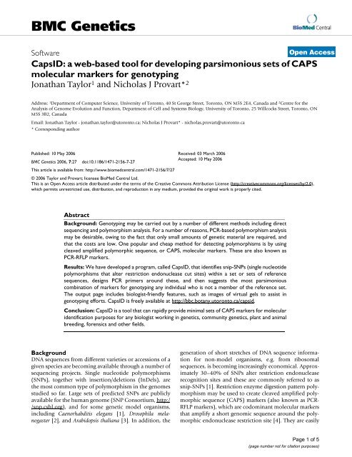 BMC Genetics - the Department of Cell & Systems Biology ...