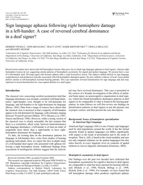 Sign language aphasia following right hemisphere damage in a left ...