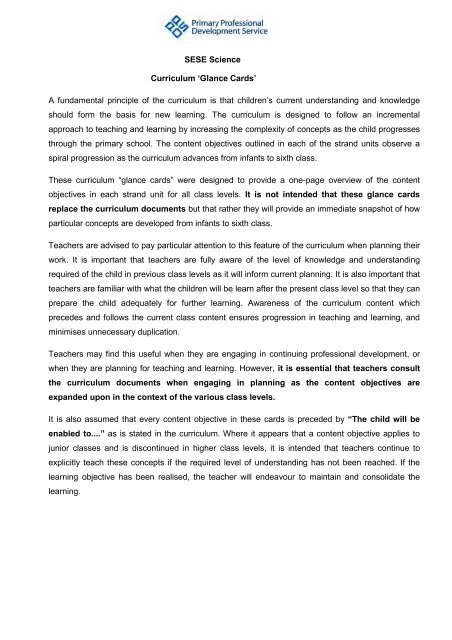 Science Curriculum at a Glance - PDST