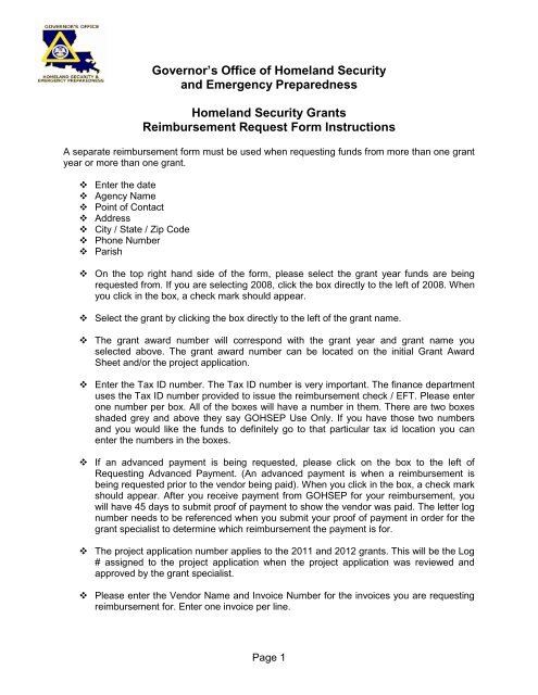Instructions for the Grant Reimbursement Form - Governor's Office of ...