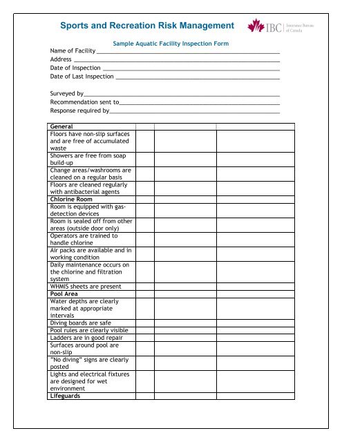 Sample Aquatic Facility Inspection Form