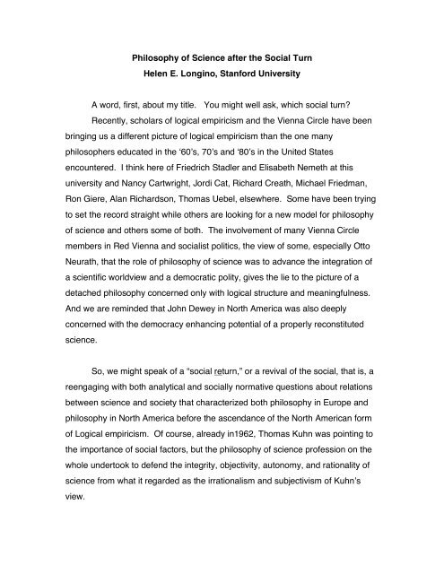 Philosophy of Science after the Social Turn Helen E. Longino ...
