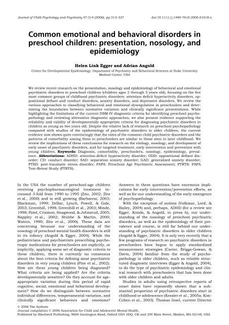 Common emotional and behavioral disorders in preschool children ...