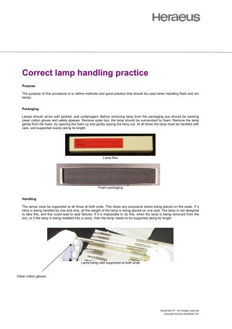 Correct lamp handling practice - Heraeus Noblelight