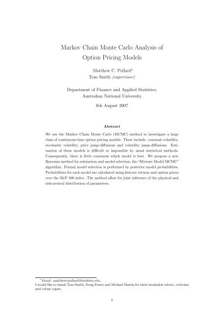Markov Chain Monte Carlo Analysis of Option Pricing Models