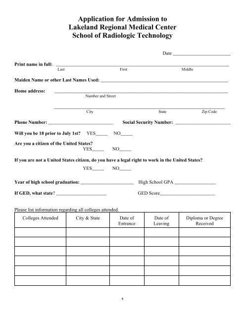 Application for Admission to - Lakeland Regional Medical Center