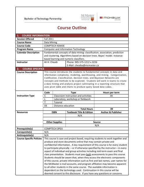 Course Outline - McMaster-Mohawk Bachelor of Technology