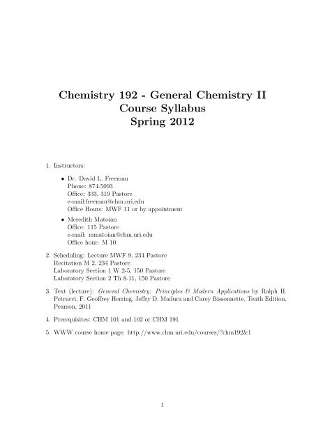 Chemistry 192 - General Chemistry II Course Syllabus Spring 2012