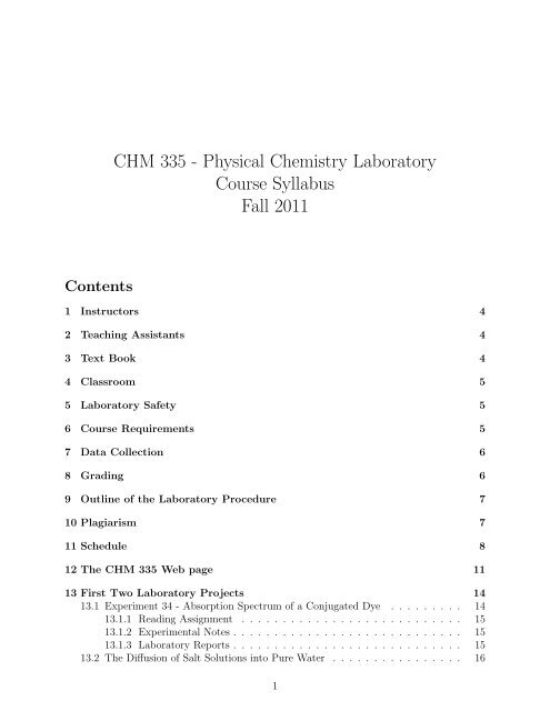 CHM 335 - Physical Chemistry Laboratory Course Syllabus Fall 2011