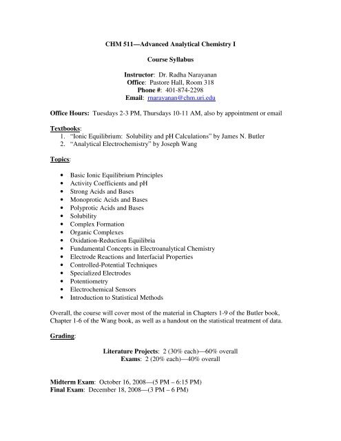 CHM 511—Advanced Analytical Chemistry I Course Syllabus ...