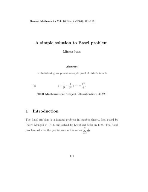 A simple solution to Basel problem 1 Introduction