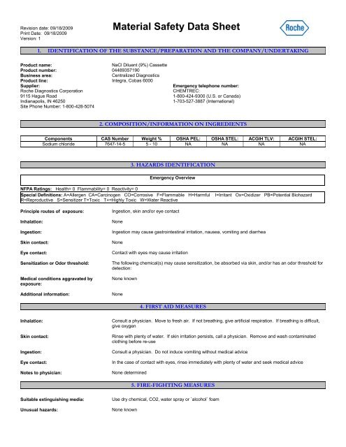 MSDS for NaCl Diluent (9%) Cassette (04489357190) - MyLabOnline