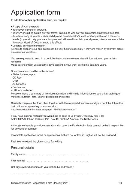 Application form - Dutch Art Institute