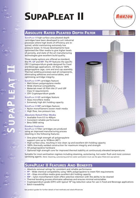 supapleat ii absolute rated pleated depth filter ... - Amazon Filters