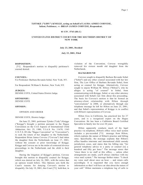 ("LIDY") KNIGGE, acting on behalf of LAURA AIMEE CORVESE ...