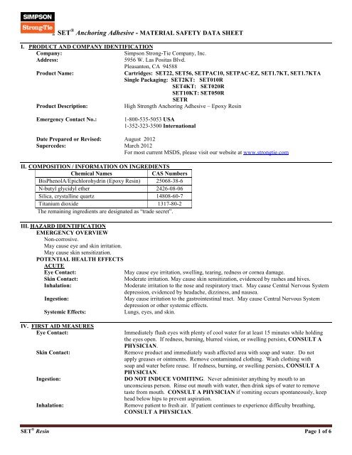 MATERIAL SAFETY DATA SHEET - Simpson Strong-Tie