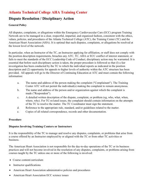 Atlanta Technical College AHA Training Center Dispute Resolution ...
