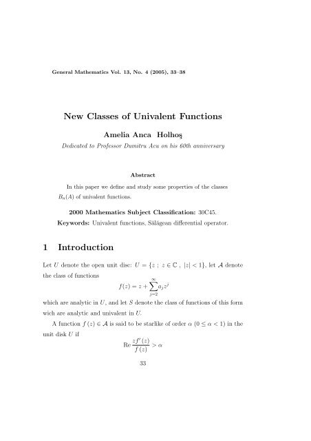 New Classes Of Univalent Functions 1 Introduction