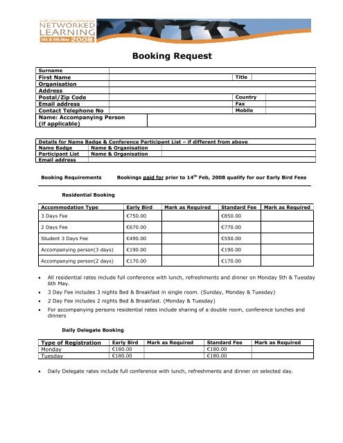 Download Booking Form: PDF - Networked Learning Conference