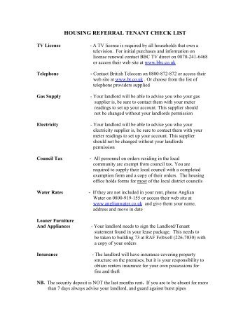 In-processing Counseling Checklist - Air Force Housing