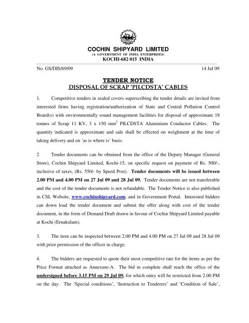 cochin shipyard limited tender notice disposal of scrap 'pilcdsta' cables