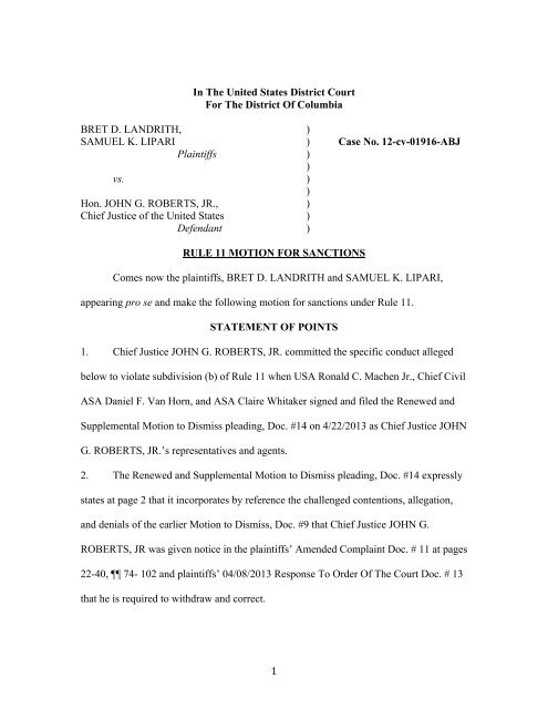 Landrith Lipari Rule 11 Motion For Sanctions Notice 12-cv-01916-ABJ