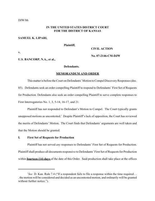 Memorandium and Order For US Bancorp Motion to Compel