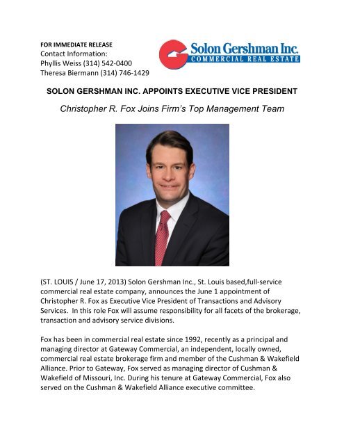 Christopher R. Fox Joins Firm's Top Management Team - Solon ...