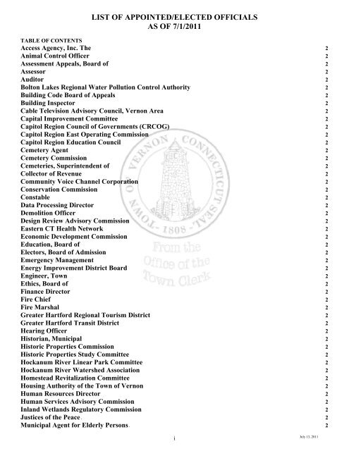 LIST OF APPOINTED/ELECTED OFFICIALS AS ... - Town of Vernon