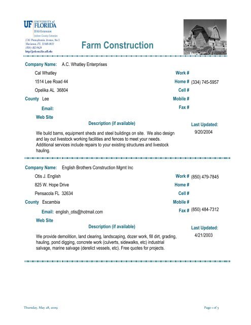 Farm Construction - Jackson County Florida Extension Service