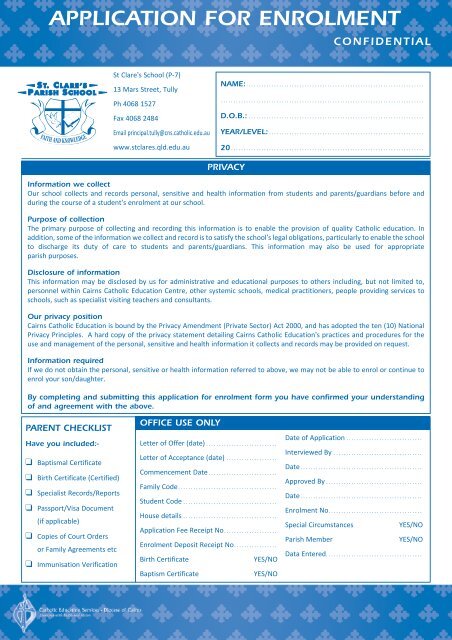 Enrolment Application Form - St Clare's School
