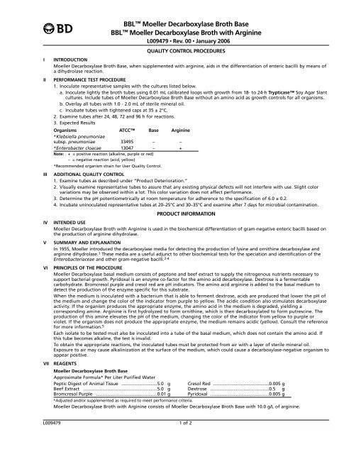 BBL Moeller Decarboxylase Broth Base BBL Moeller ... - BD