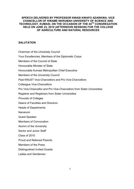 speech delivered by professor kwasi kwafo adarkwa, vice chancellor ...