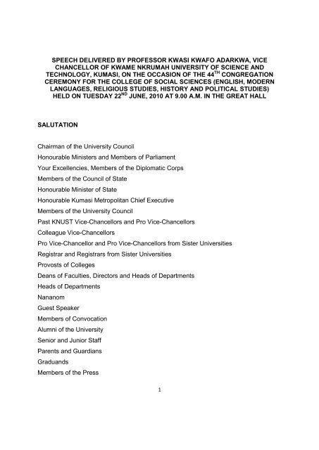speech delivered by professor kwasi kwafo adarkwa, vice chancellor ...