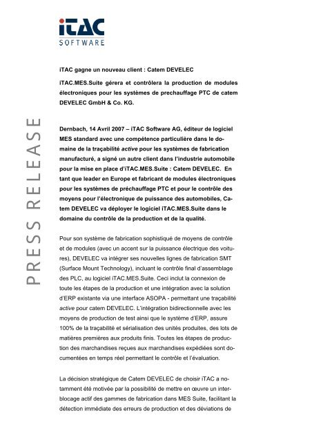 iTAC gagne un nouveau client : Catem DEVELEC - iTAC Software AG