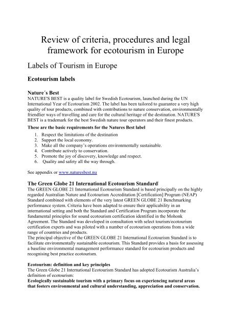 The Green Globe 21 International Ecotourism Standard - ecoroute