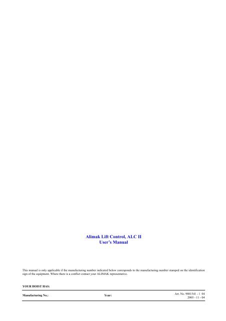 Alimak Lift Control, ALC II User's Manual
