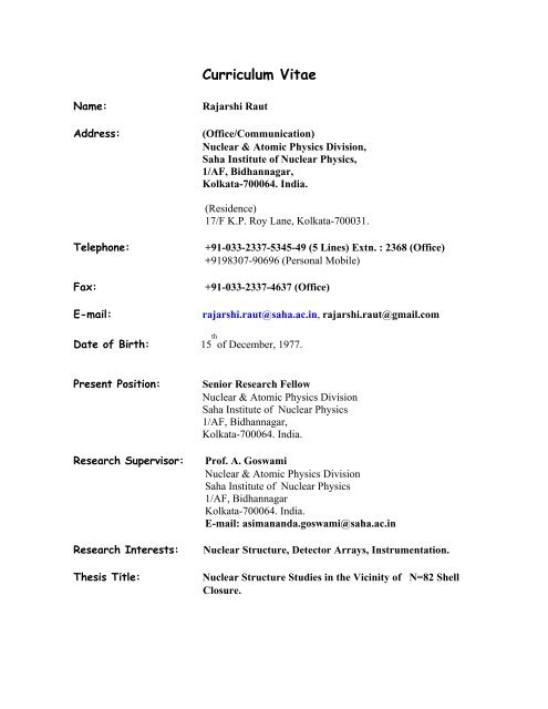 Curriculum Vitae (pdf) - Saha Institute of Nuclear Physics