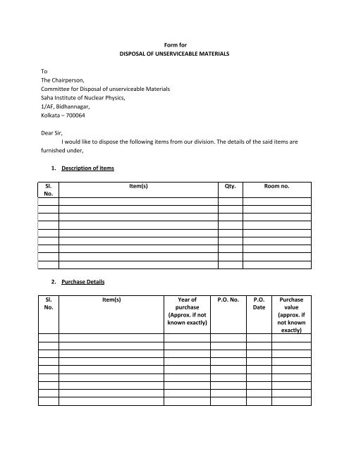 Disposal of Unserviceable Materials Form - Saha Institute of Nuclear ...
