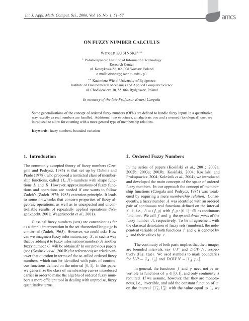 ON FUZZY NUMBER CALCULUS 1. Introduction 2. Ordered Fuzzy ...