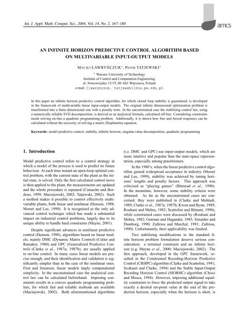 AN INFINITE HORIZON PREDICTIVE CONTROL ALGORITHM ...