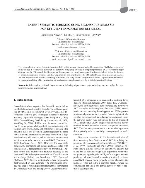 LATENT SEMANTIC INDEXING USING EIGENVALUE ANALYSIS ...