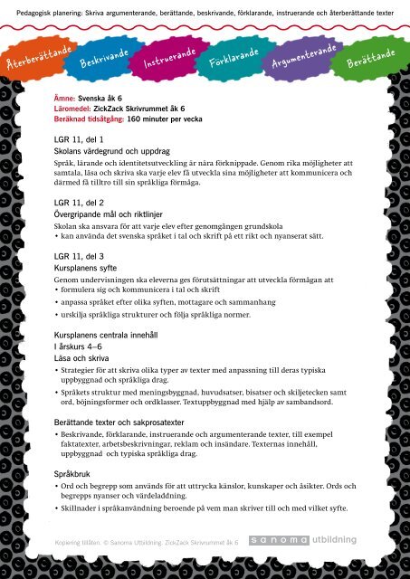 Pedagogisk Planering Skriva åk 6 Sanoma Utbildning