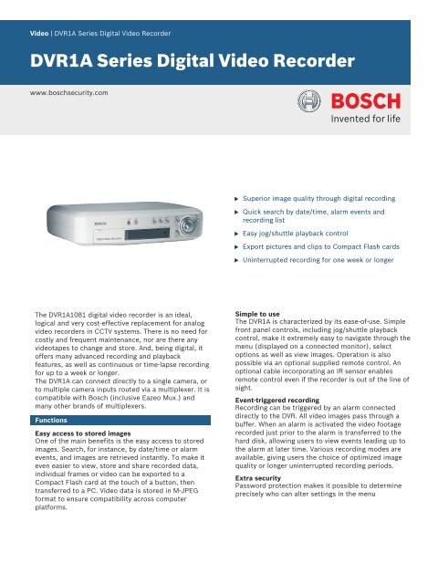 DVR1A Series Digital Video Recorder - Bosch Security Systems
