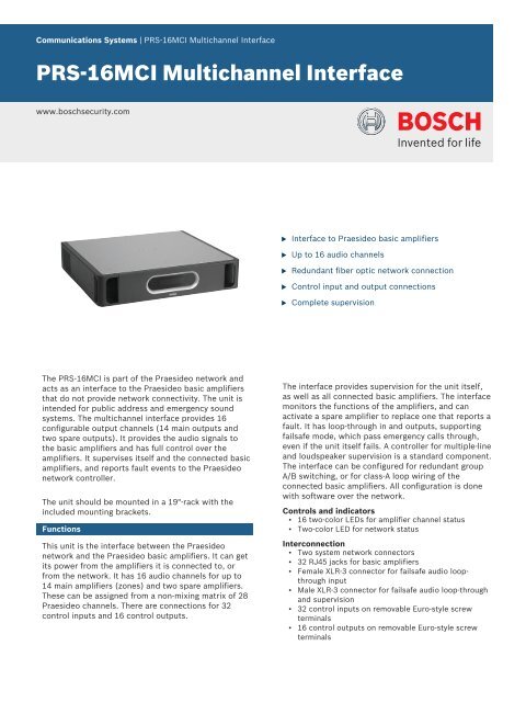 PRSâ 16MCI Multichannel Interface - Bosch Security Systems