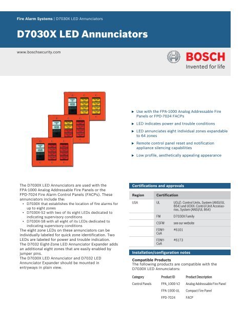 D7030X Series LED Annunciators - Bosch Security Systems