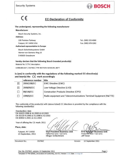 c e EC-Declaration of Conformity - Bosch Security Systems