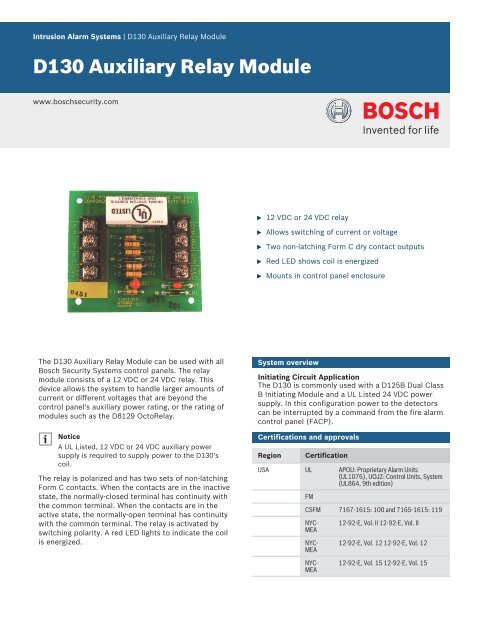 D130 Auxiliary Relay Module - Bosch Security Systems